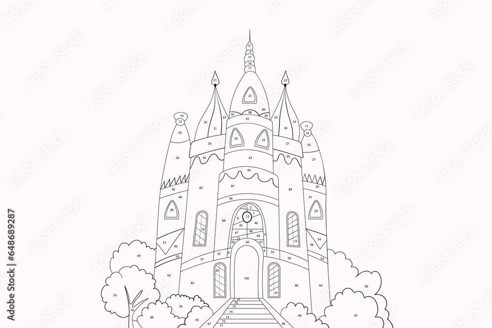 Coloring page for kids with castle, palace. Color by numbers. Coloring ...