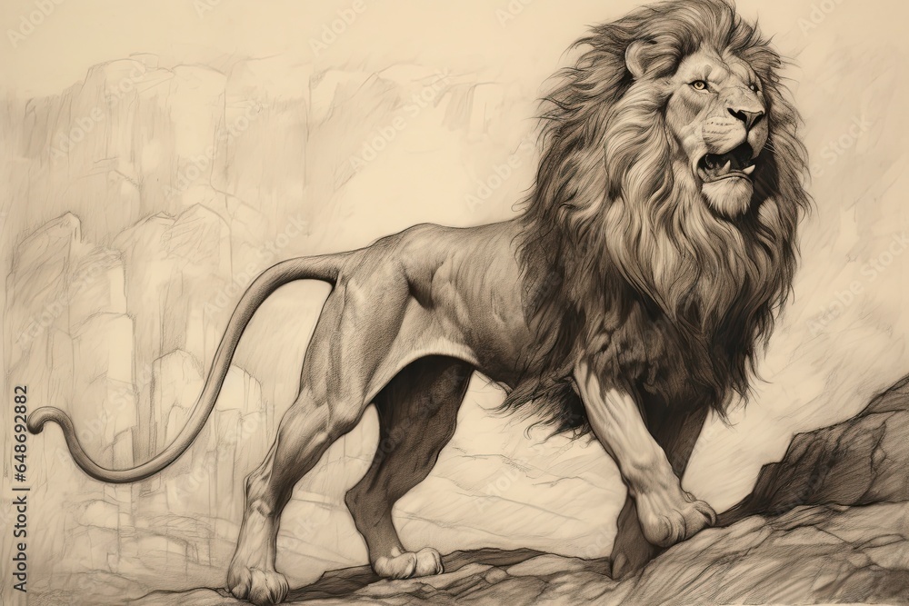 Majestic Lion Drawing: Enchanting Power and Elegance on a Cliff ...