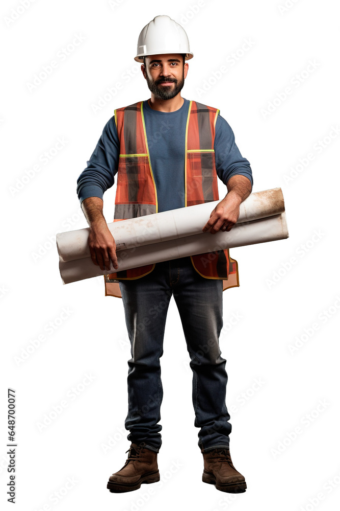 Engineer Latin American man holding blueprint and using safety gear ...