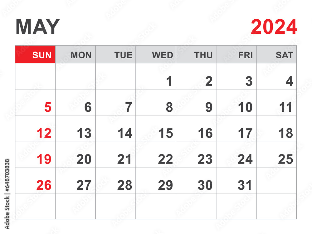 Calendar 2024 template, May 2024 layout, Printable minimalist monthly ...