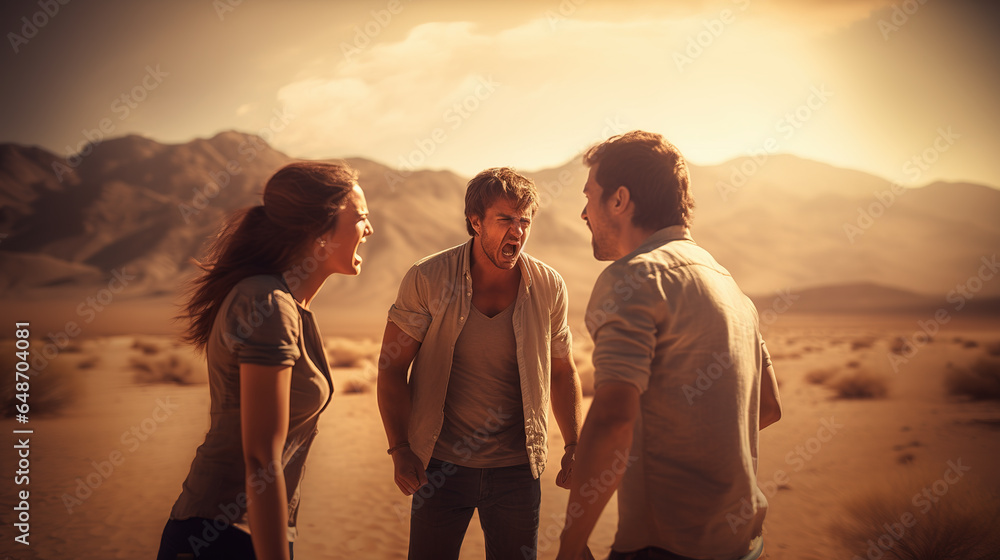 Three angry people in a desert shouting and screaming at each other ...