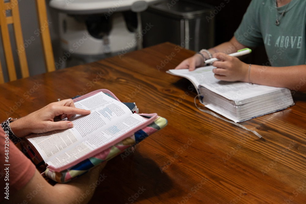 Two women sitting across from each other at table during Bible study ...