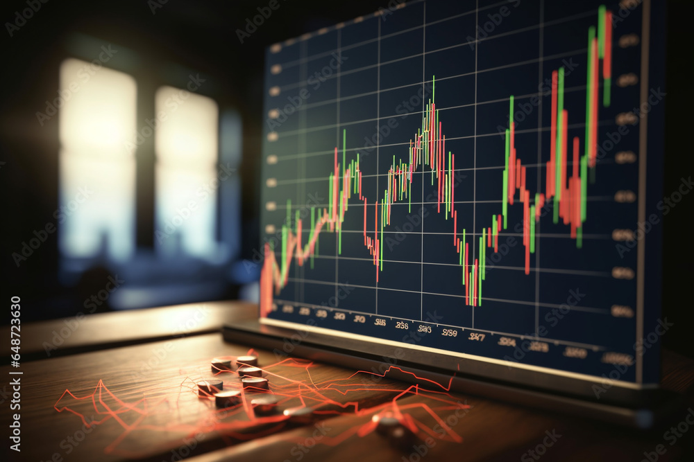 business chart with diagrams and a stock candlestick chart displayed on ...