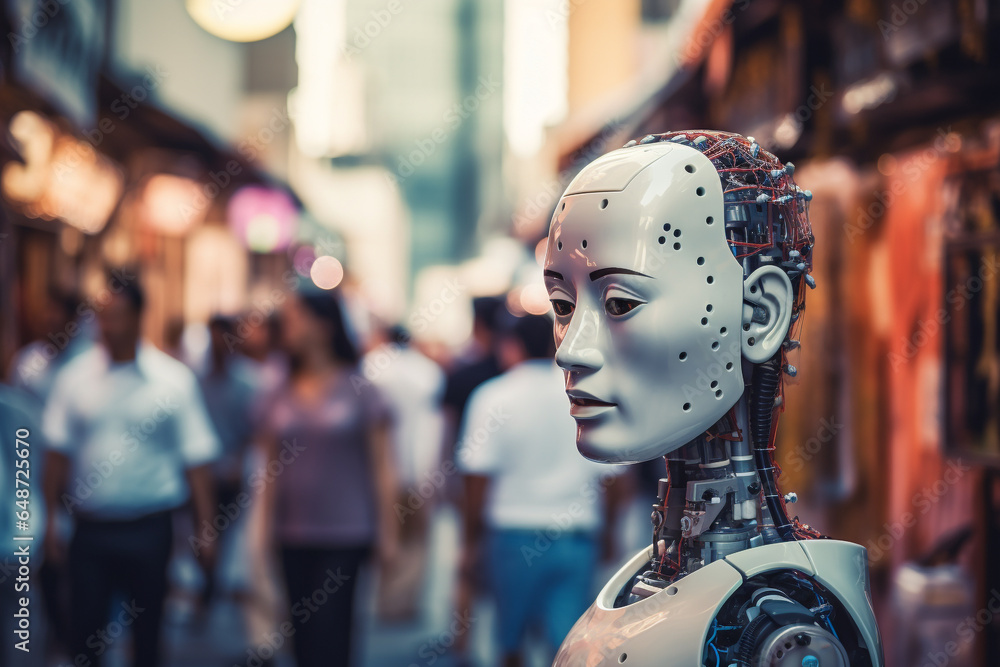 Solitary Artificial Intelligent Robot Stands In A Bustling City Street