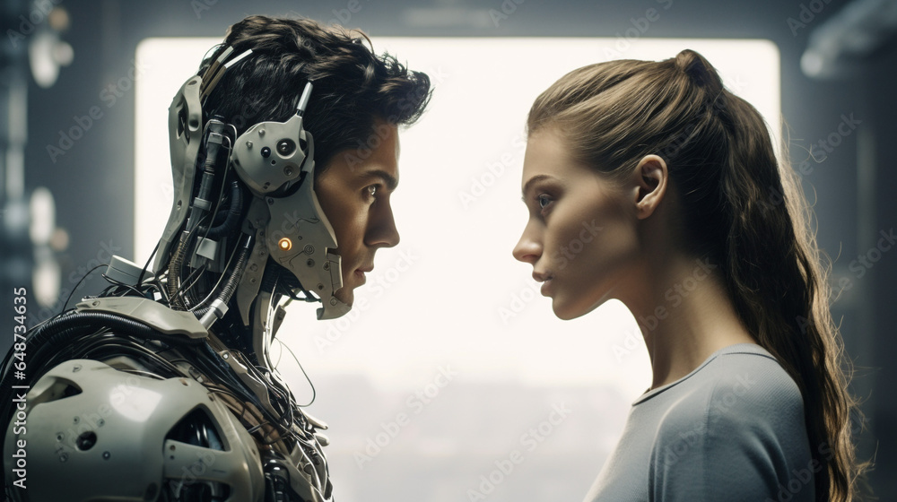 Young woman and robotic man with cyborg parts in profile, showing ...