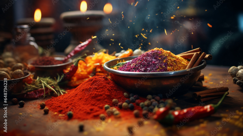 Still life with dishes and bowls full of colorful spices, flower petals ...