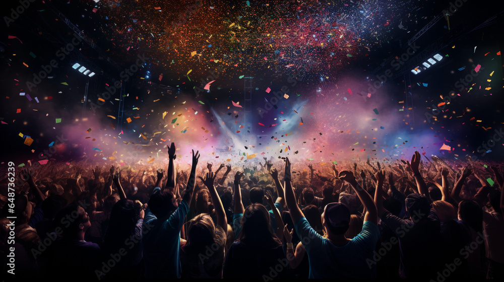A festive party scene of a large crowd enjoying a night club party with ...