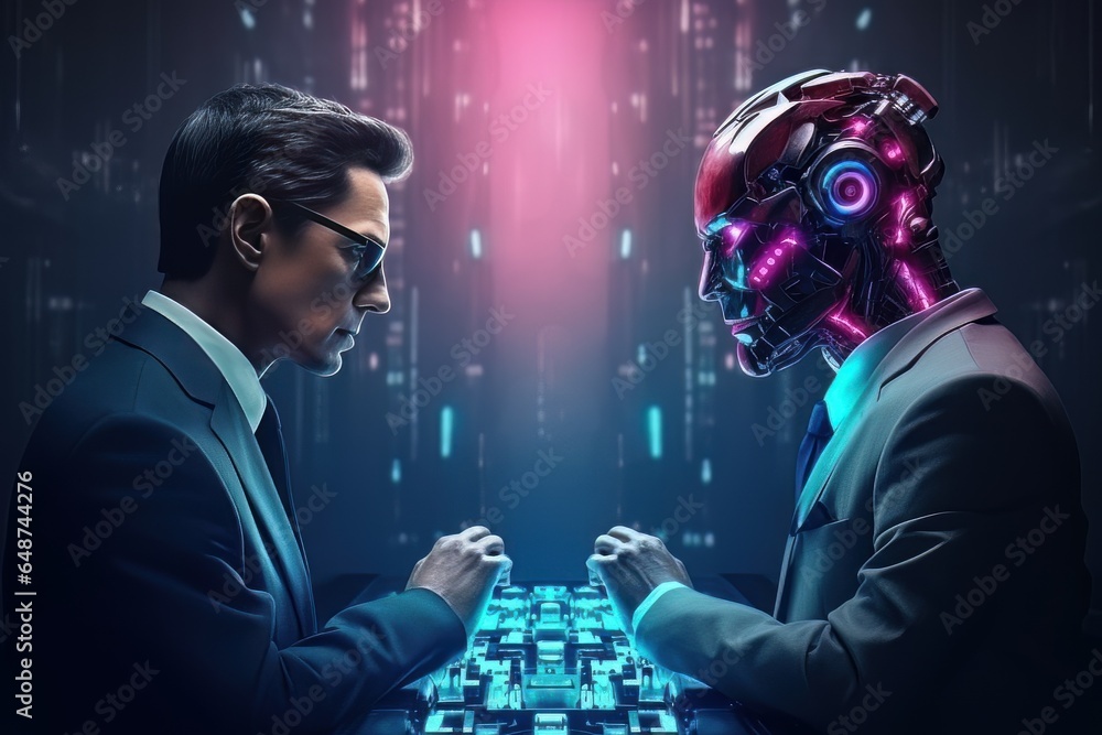 Human VS Artificial Intelligence Concept, Businessman and Robot Heads ...