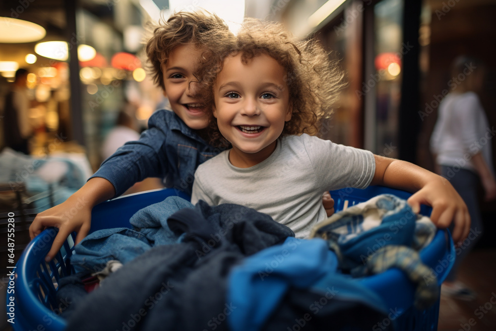 boy and another child, sit side by side on a clothes basket, engaged in ...