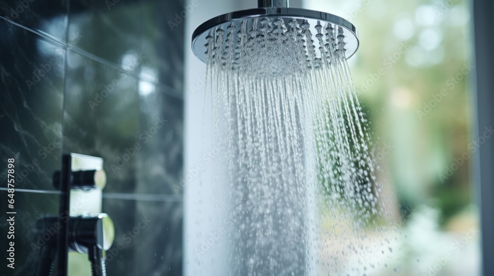 a fresh shower behind a wet glass window with water drops splashing ...