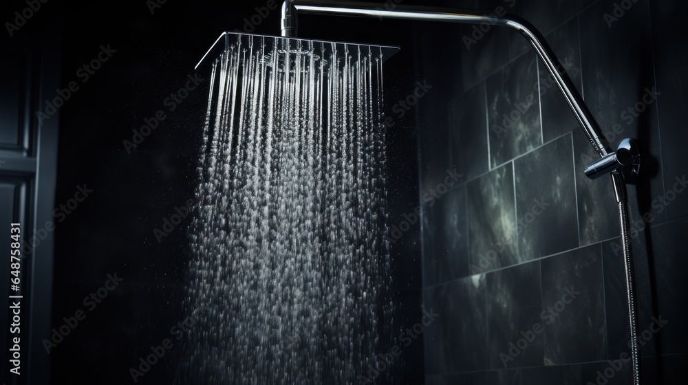 Photograph of water flowing from a shower head in a bathroom with a ...