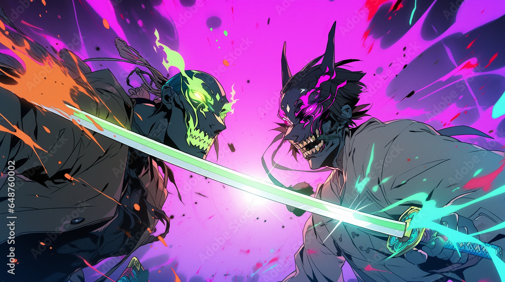 epic fight between anime men, eyes glowing with neon colors carrying ...