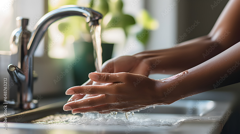 Close up of a black African American woman washing her hands with soap ...