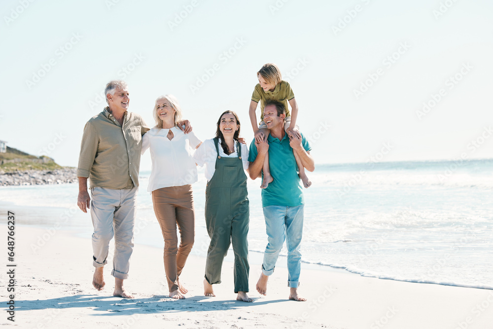 Walking, beach and family generations together on vacation, holiday or ...