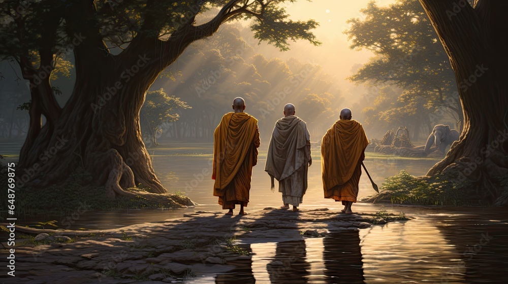 3 monks trekking in a wilderness, river, with an elephant following ...