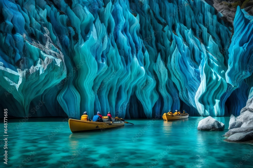 The blue colors of the marble caves in patagonia, chile.These caves are ...