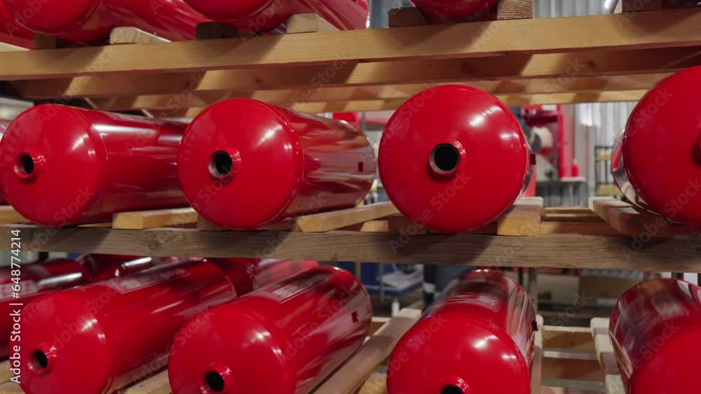 Rows of red parts for fire extinguishers. Fire prevention. Fire ...