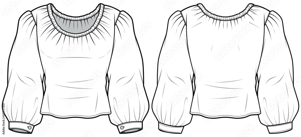 Vetor de Women boho blouse design flat sketch fashion illustration with ...