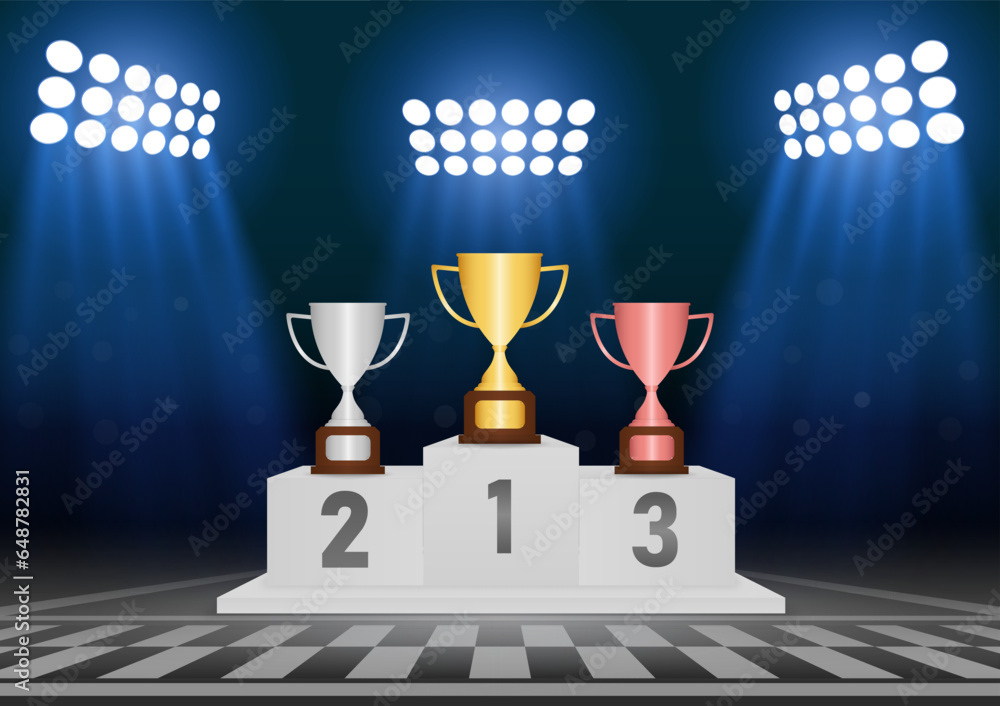 Trophy Cups on Winner Podium Illuminated with Spotlights in Racing ...