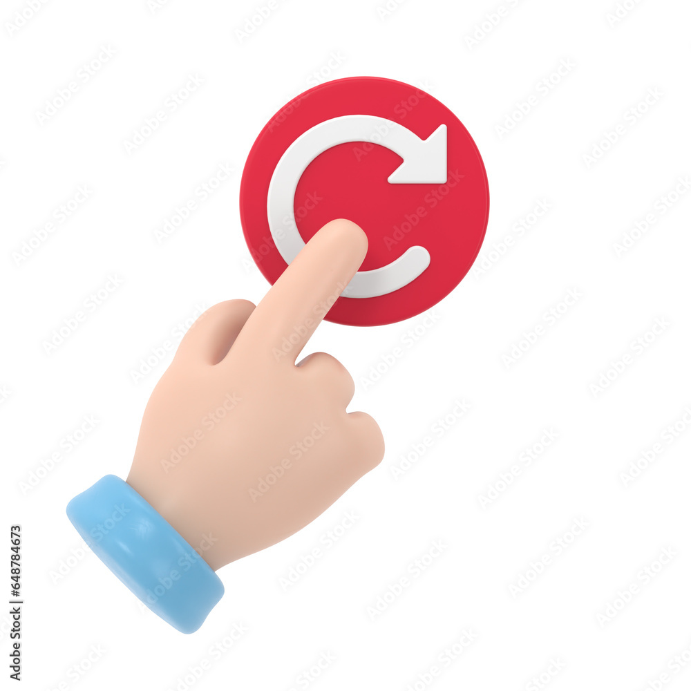 Reboot concept. Restarting technology. Hand to push big red button. 3d ...