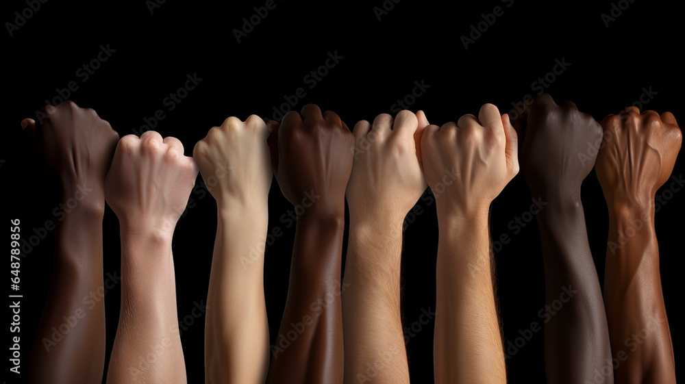 Various multiracial hands clasped in a fist, quity for All, Unity in ...