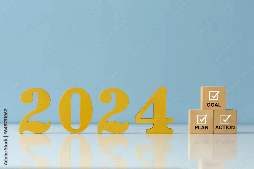 2024 Action Plan.2024 wooden letter and Cubes with, goal, plan, action ...