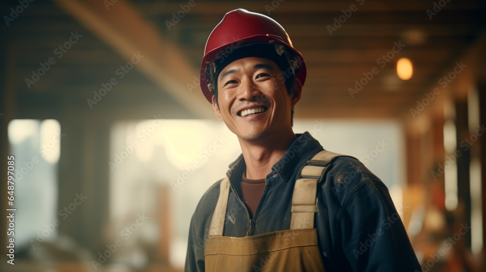 A happy construction man standing on a construction site. Portrait of a ...