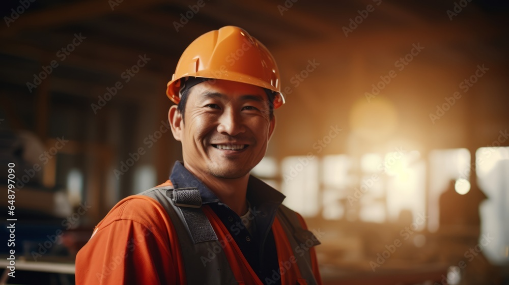 A happy construction man standing on a construction site. Portrait of ...
