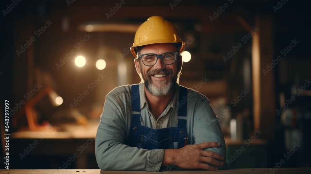 A happy construction man standing on a construction site. Portrait of a ...