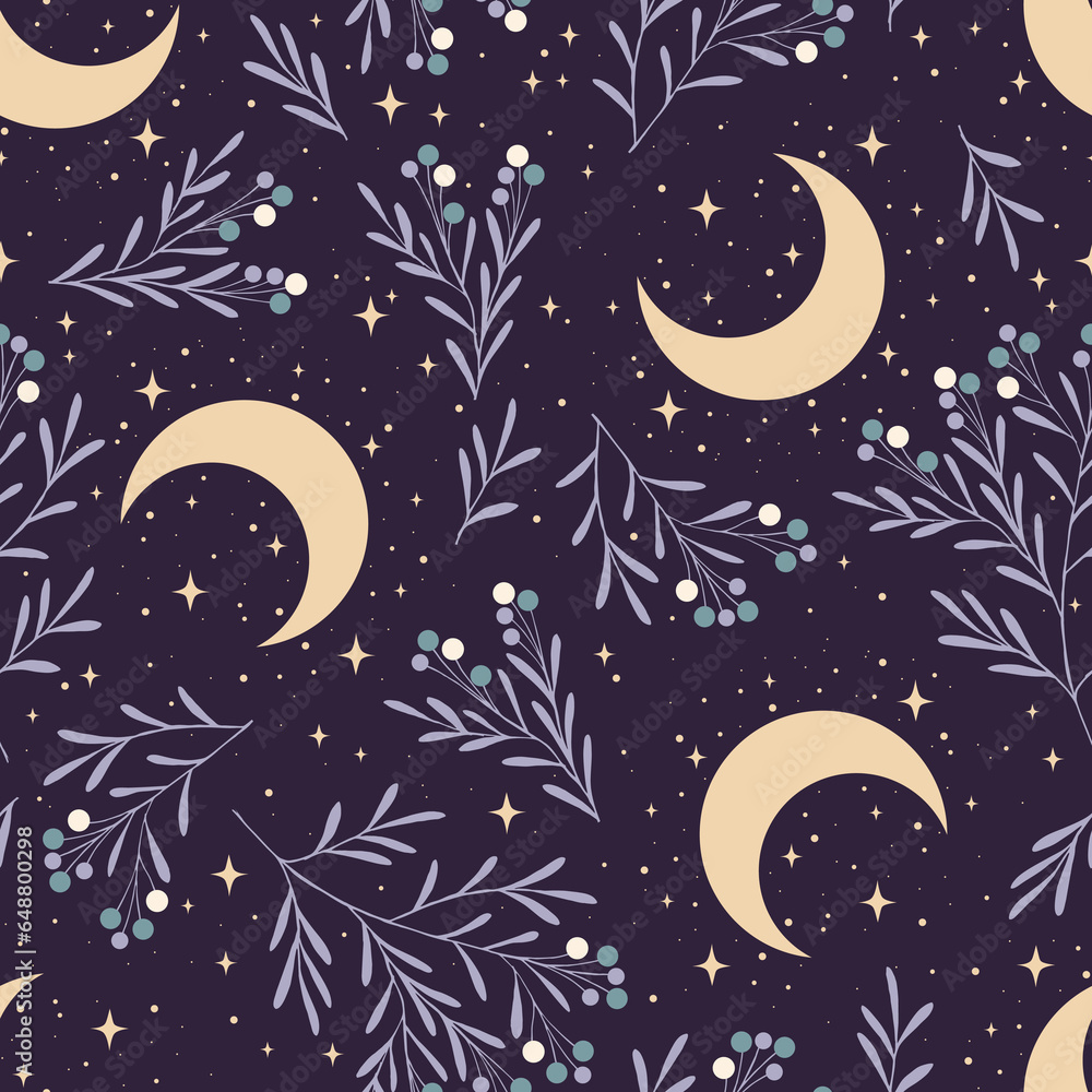 Vector purple seamless pattern with moon, plants and stars. Mystical ...