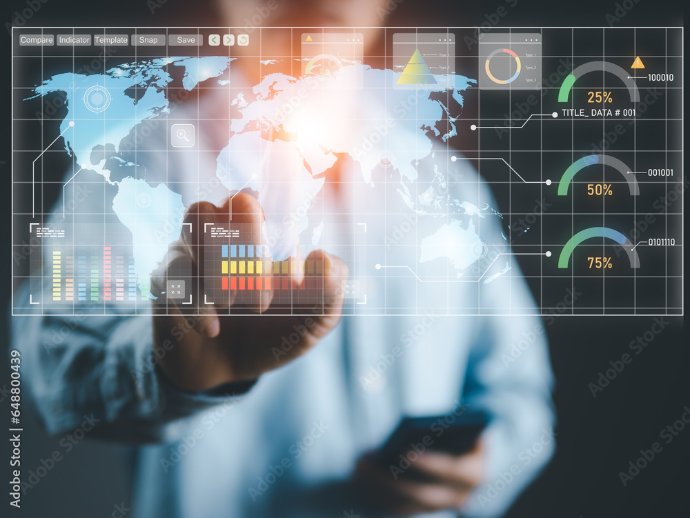 Graph or chart analysis. Businessman analyzing growing chart of their ...