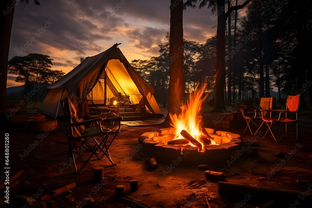 Chairs and Camping tents surround a Beautiful Bonfire, Illuminating the ...