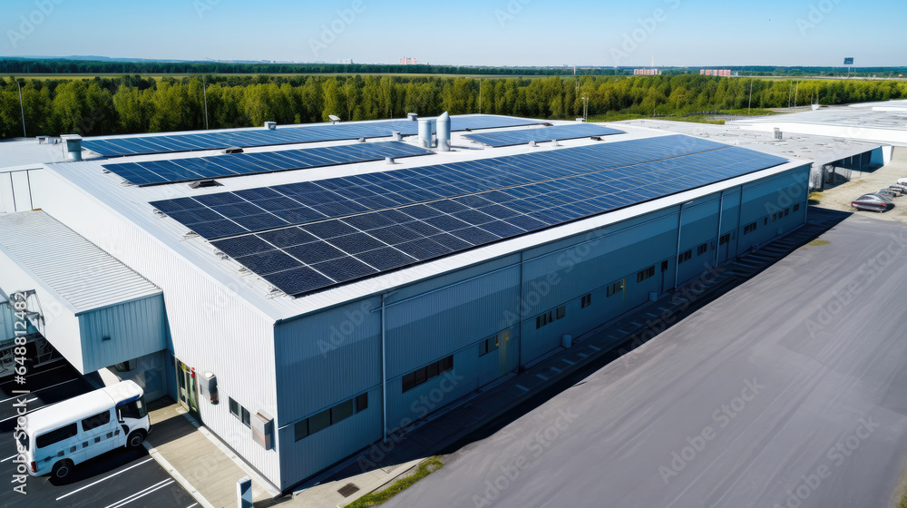 Top view Solar Cell on Warehouse Factory. Solor photo voltaic panels ...