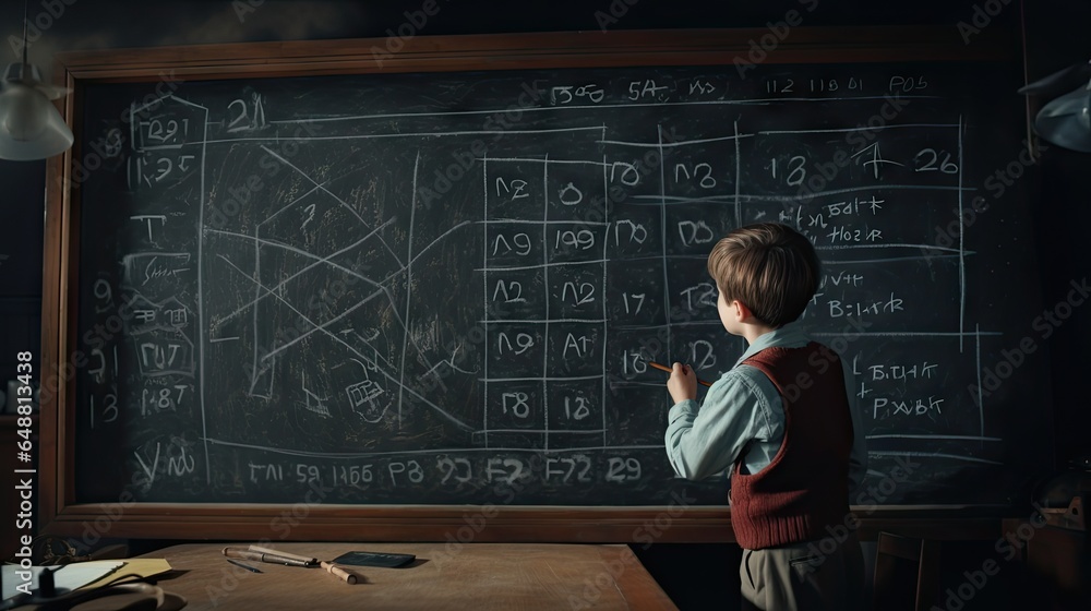 School children write math formulas on the blackboard. Asian primary ...