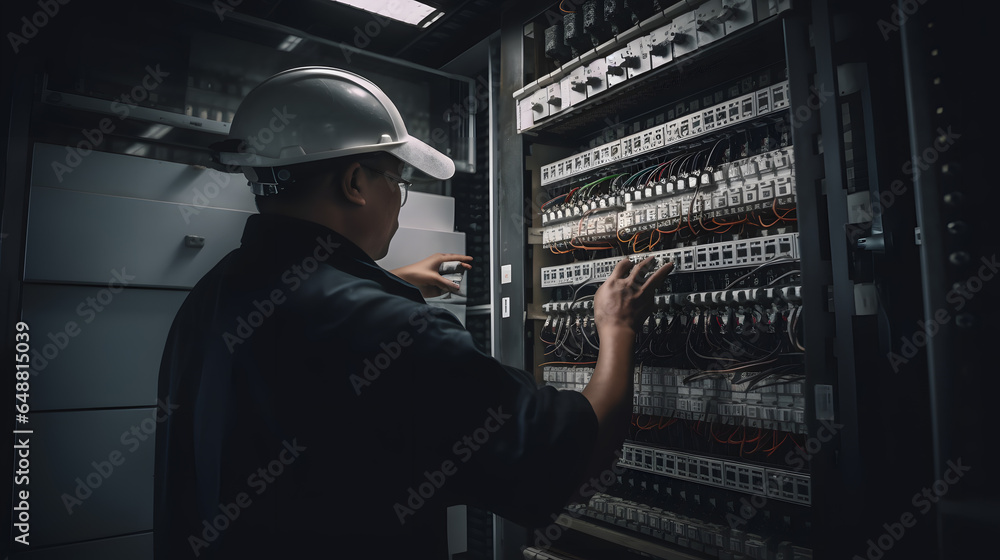 Man electrician works in a switchboard with an electrical connecting ...