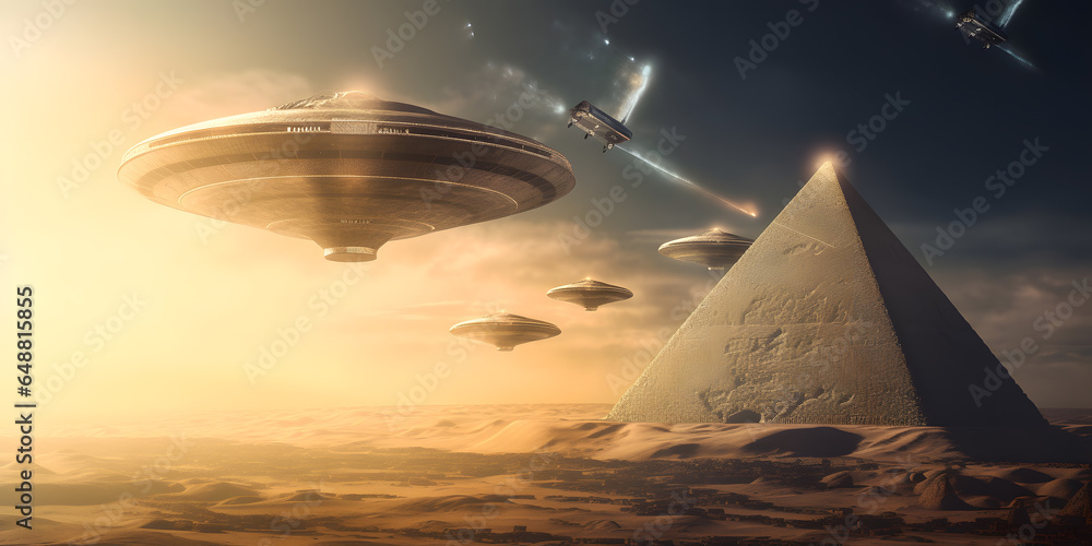 Egyptian pyramids with flying UFO alien spacecraft. Generation AI Stock ...