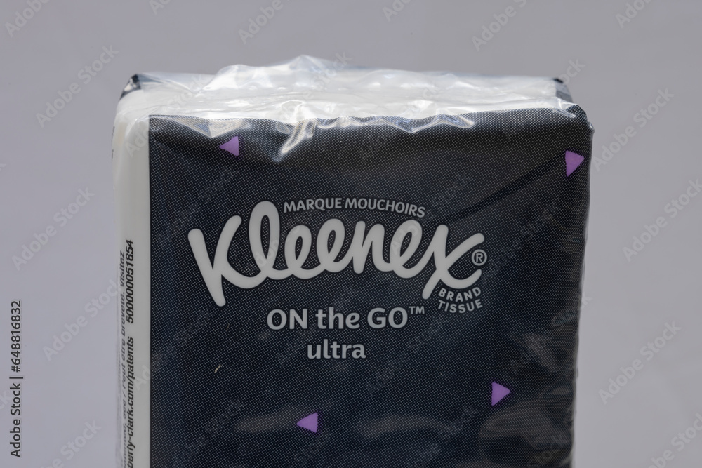 Calgary, Alberta, Canada. Sep 15, 2023. A close up to a Kleenex On-The-Go Facial Tissues. Travel ...