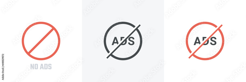 No ads icon of 3 types flat icon or isolated vector No Ads Sign symbol ...