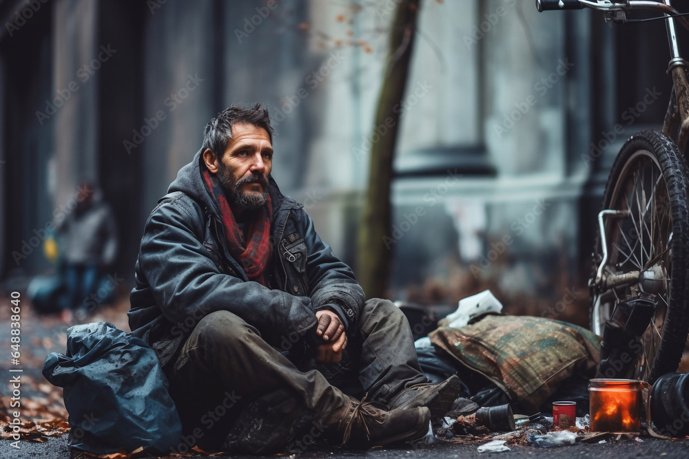 homeless man sitting on sidewalk in the city Stock Photo | Adobe Stock