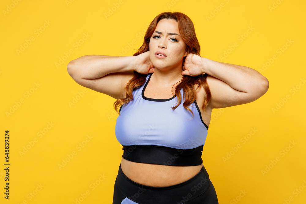 Young sad ill overweight plus size big fat fit woman wear blue top warm ...