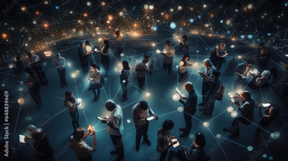 A diverse group of people using smartphones, connected through digital lines across various ...