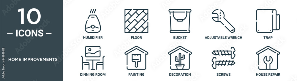 home improvements outline icon set includes thin line humidifier, floor ...