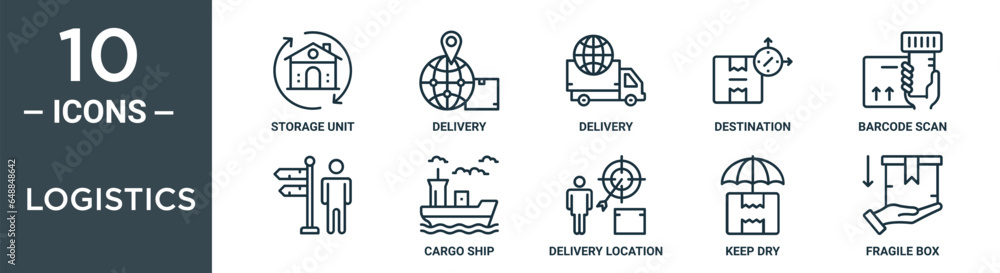 logistics outline icon set includes thin line storage unit, delivery ...