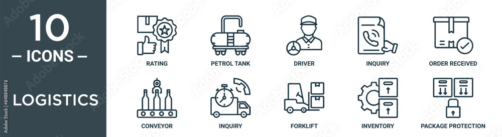 logistics outline icon set includes thin line rating, petrol tank ...