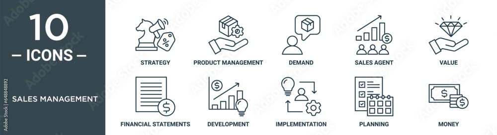 sales management outline icon set includes thin line strategy, product ...