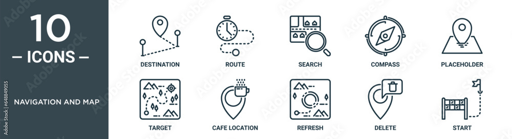 navigation and map outline icon set includes thin line destination ...
