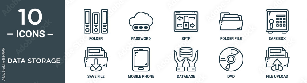 data storage outline icon set includes thin line folder, password, sftp ...