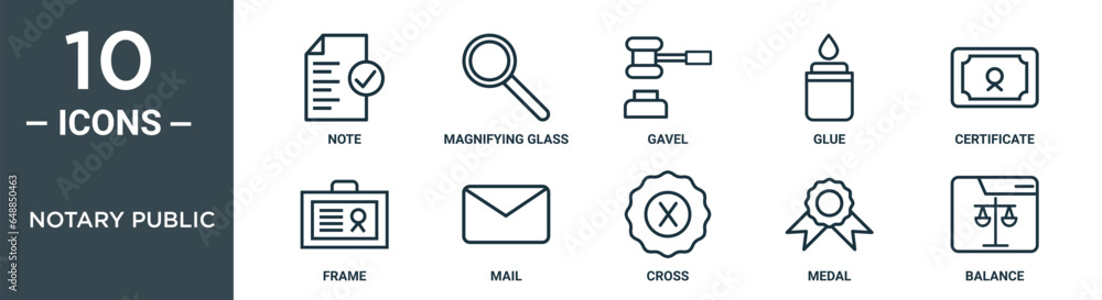 notary public outline icon set includes thin line note, magnifying ...