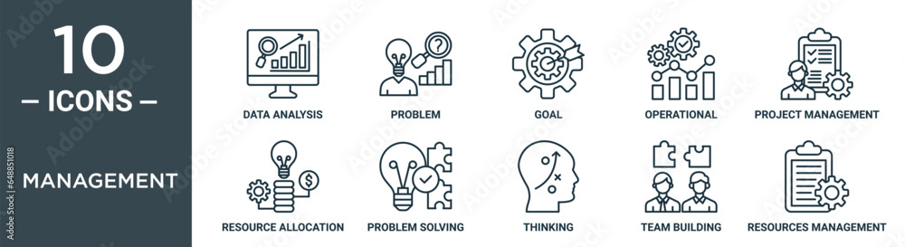 management outline icon set includes thin line data analysis, problem ...