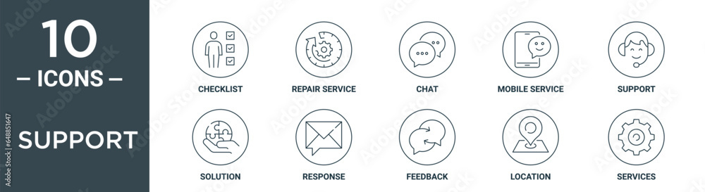 support outline icon set includes thin line checklist, repair service ...
